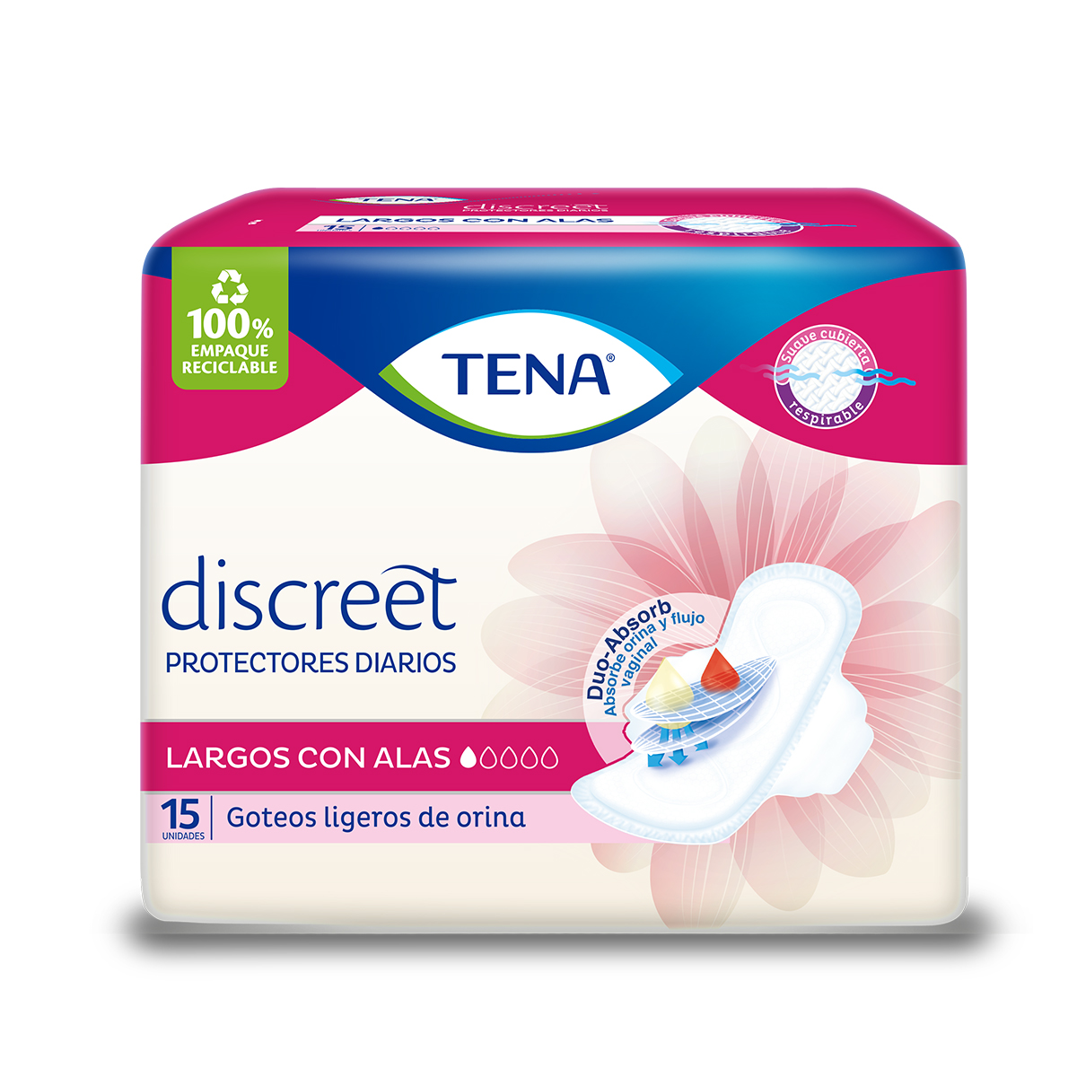 Protectores Tena Largos con Alas Discreet - 15 Unidades - 925859