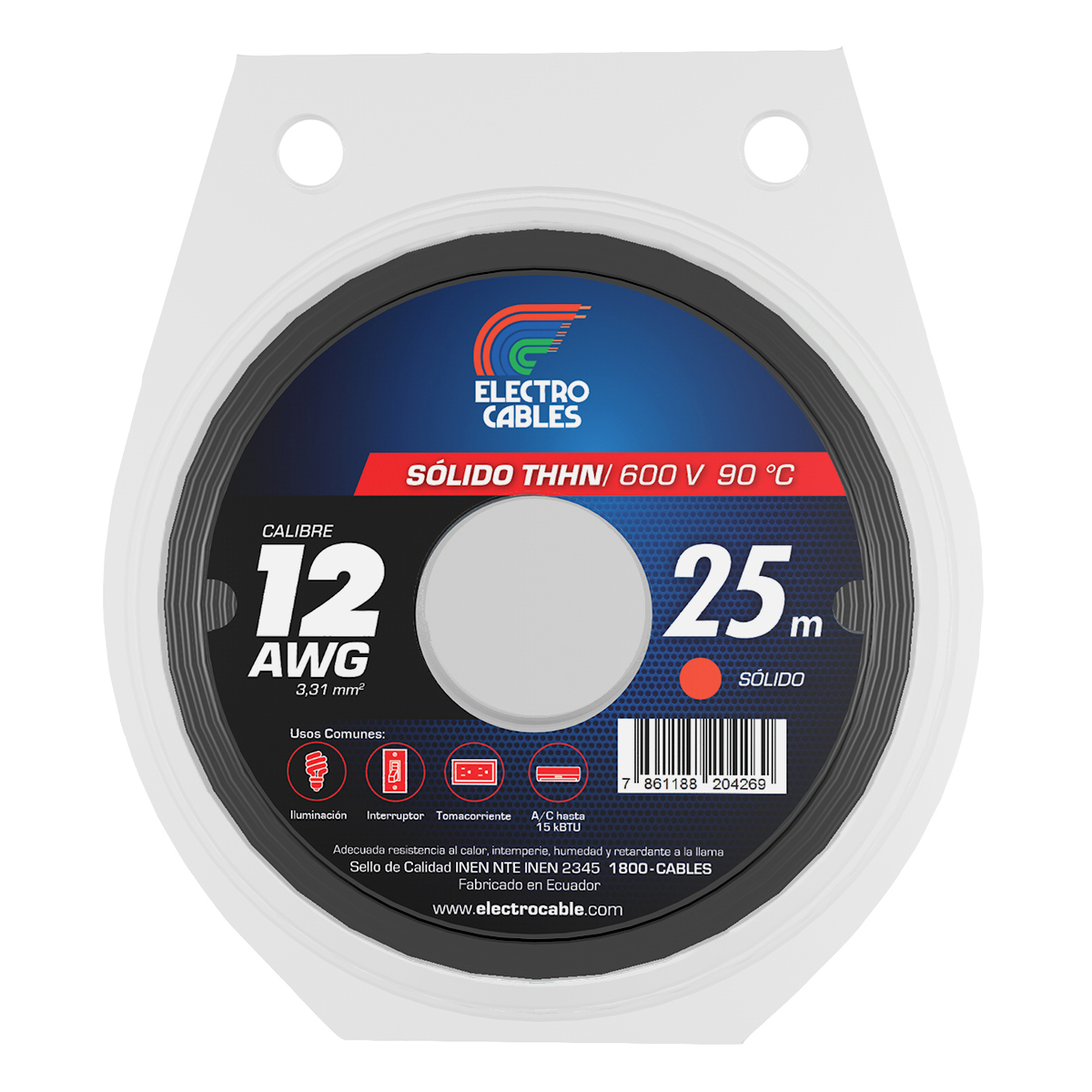 Cable Sólido THHN Electrocables Negro 12 AWG - 25m - 946183