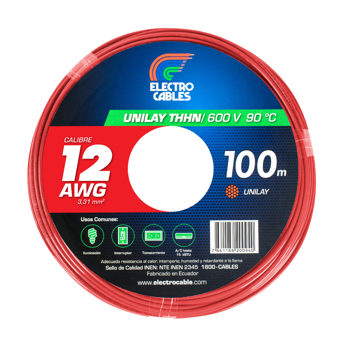 Cable Flexible Electrocables UNILAY/ THHN 12 AWG Rojo 100M - 966251
