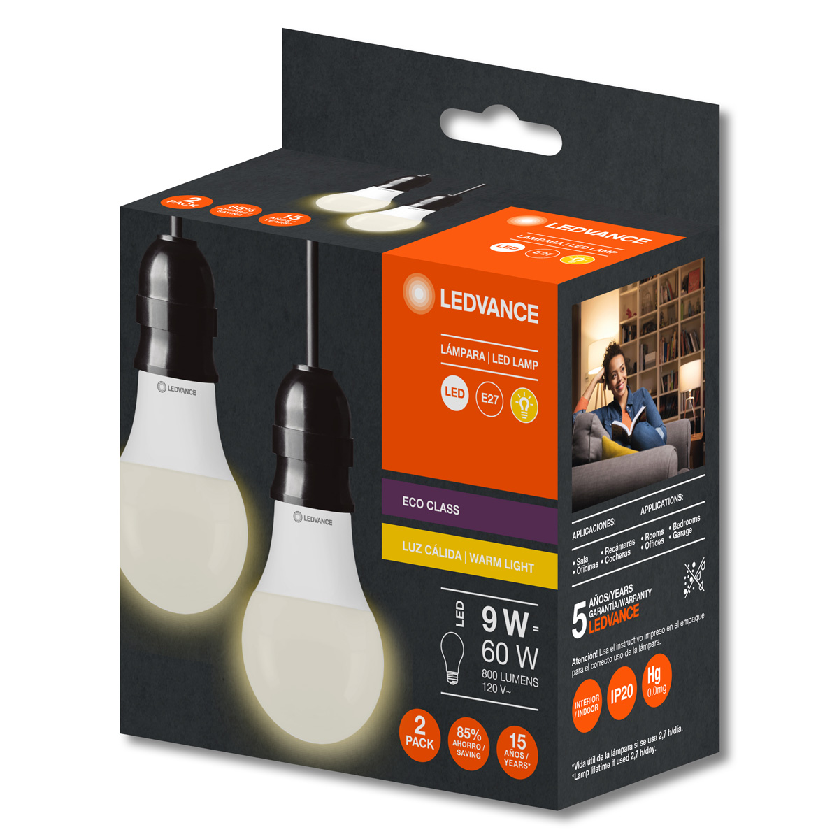 Kit 2 Unds Focos Led Eco Ledvance A60 9W E27 Luz Cálida - 982235
