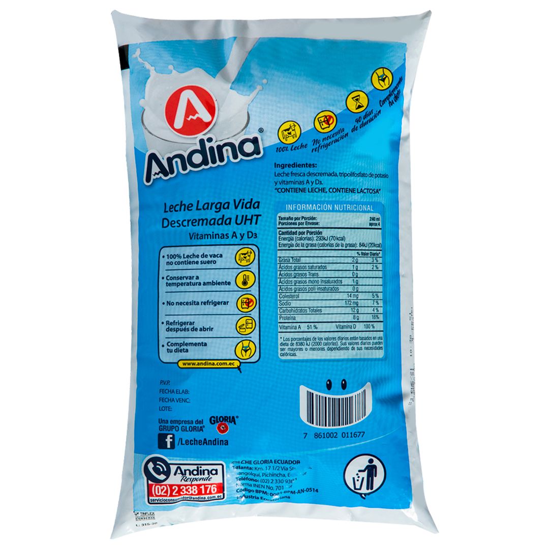 Leche Andina Descremada Funda 900ml - 920939
