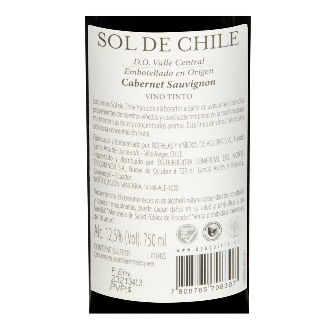 Vino Tinto Sol de Chile Cabernet Sauvignon 750ml - 925720