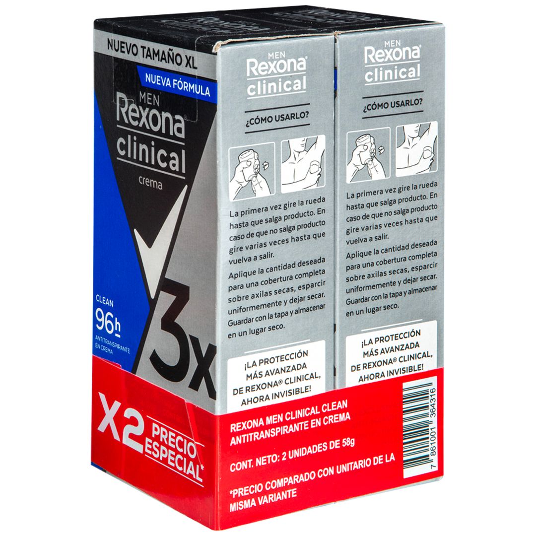 Pack 2 Uds Antitraspirante en Barra Clinic Men Clen Rexona 58g - 986454