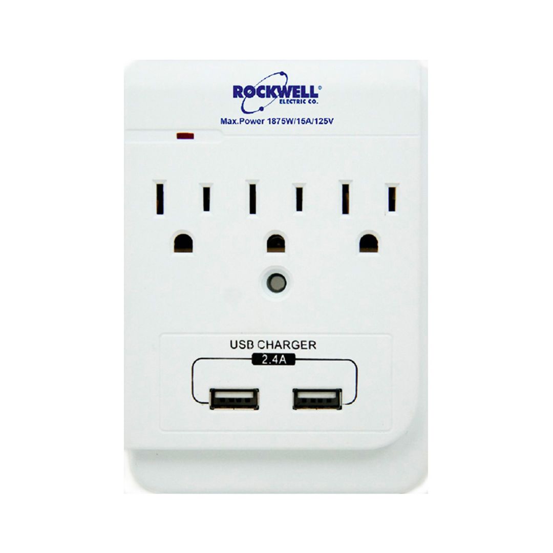 Protector de Voltaje Rockwell 3 Tomas más 2 USB 15A 110V Blanco - 994378